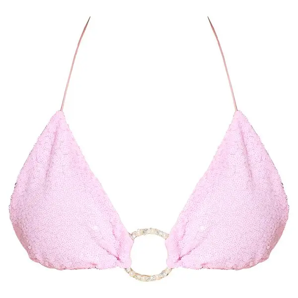ETTIE Sequin Triangle Bikini Top With Ring Detail - Pink