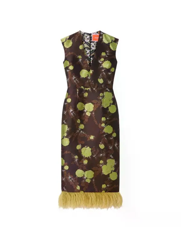 La DoubleJ Sleek Feather-trimmed Floral Jacquard Dress