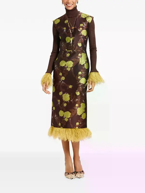 La DoubleJ Sleek Feather-trimmed Floral Jacquard Dress