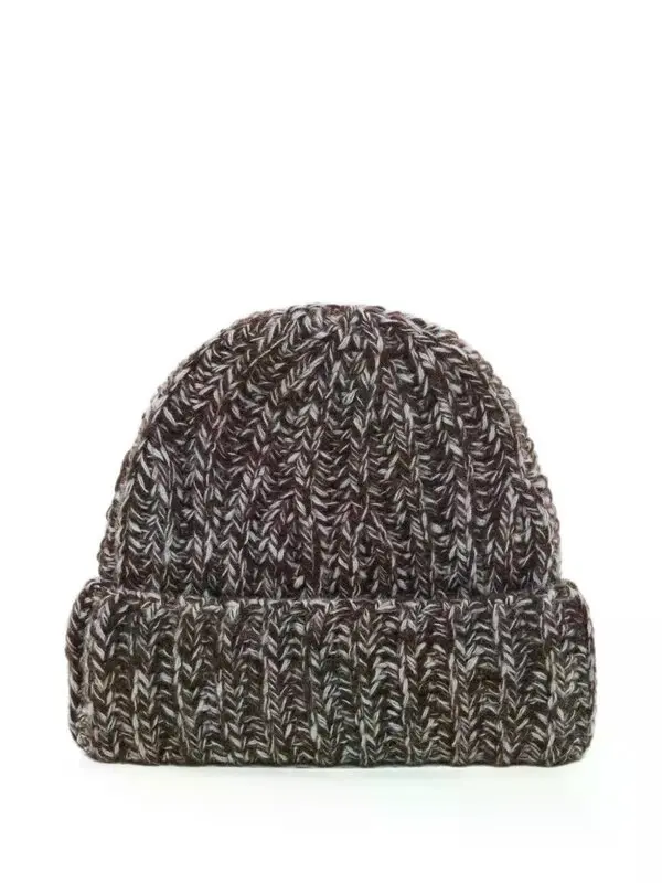 Closed Ribbed-knit Beanie Hat - Brown