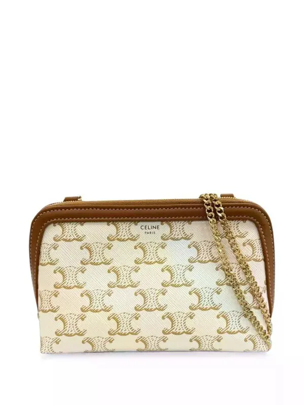 Celine 2021-2023 Triomphe Coated Canvas Clutch On Chain Crossbody Bag - White