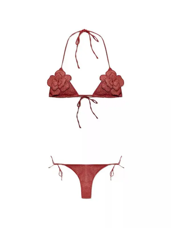 Oseree Floral Appliqué Lurex Swimsuit - Red