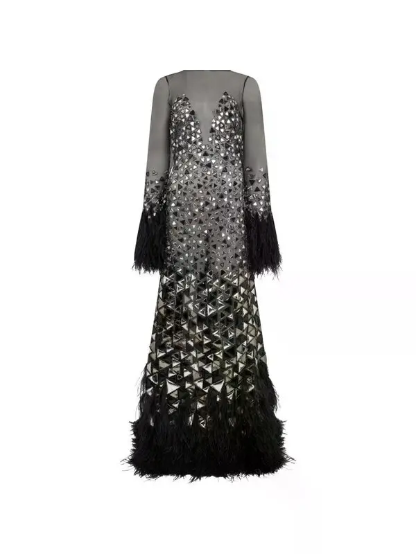 Alberta Ferretti Feather-trimmed A-line Maxi Dress - Black