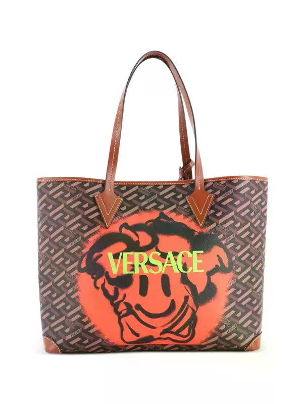 Versace La Greca Signature Coated Canvas Medium Tote Bag - Brown
