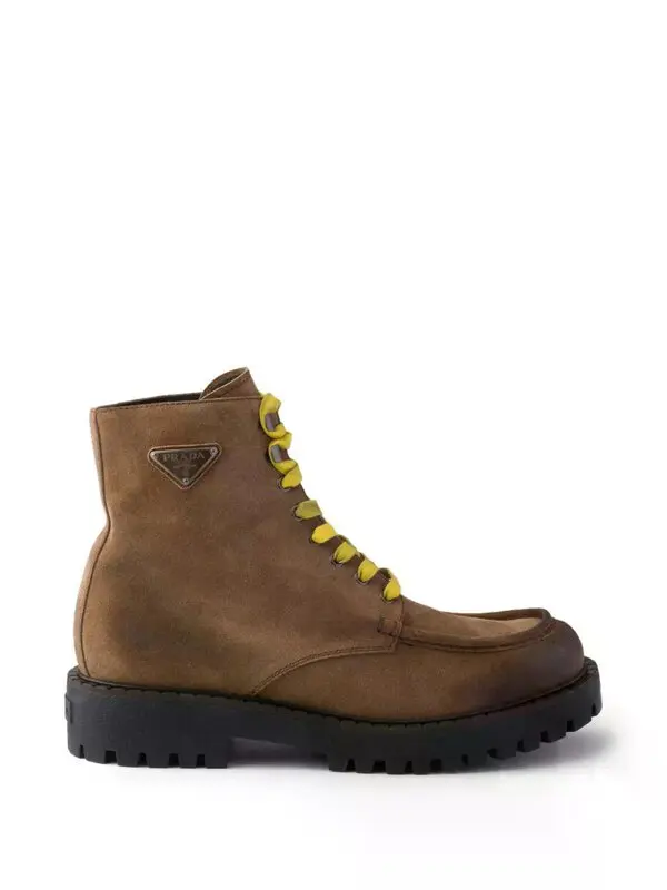 Prada Aged Suede Lace-up Ankle Boots