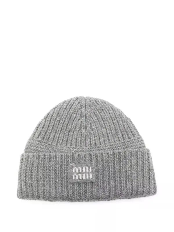 Miu Miu Ribbed Knit Beanie With Logo Patch - Grey