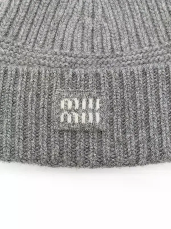 Miu Miu Ribbed Knit Beanie With Logo Patch - Grey
