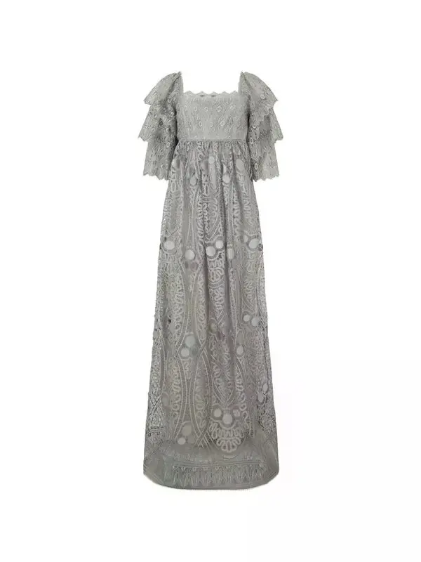 Alberta Ferretti Lace Maxi Dress With Puff Sleeves - Grey