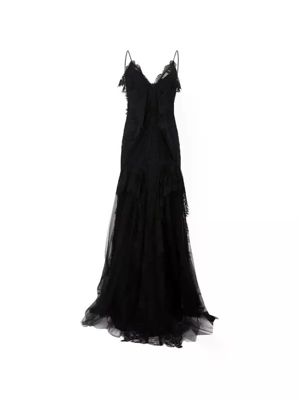Alberta Ferretti Lace-trim Layered V-neck Flared Maxi Dress - Black