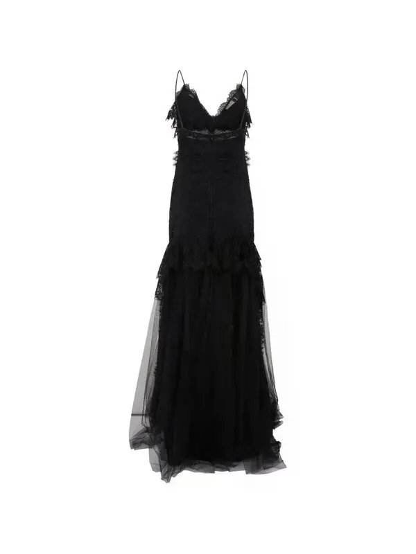 Alberta Ferretti Lace-trim Layered V-neck Flared Maxi Dress