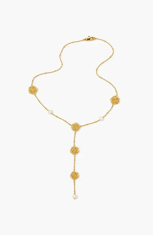 YOJ Long Lariat Necklace With Rose Motifs And Pearls - Gold