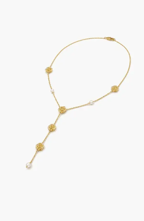 YOJ Long Lariat Necklace With Rose Motifs And Pearls