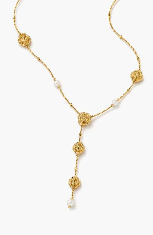 YOJ Long Lariat Necklace With Rose Motifs And Pearls