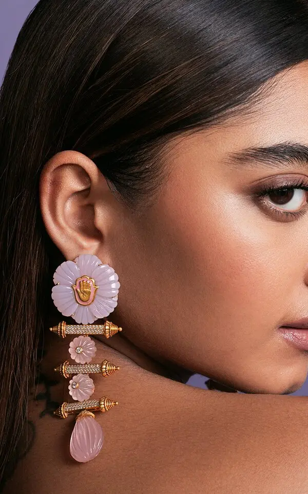 AMRAPALI 18k Yellow Gold Earrings With Rose Quartz And Diamonds