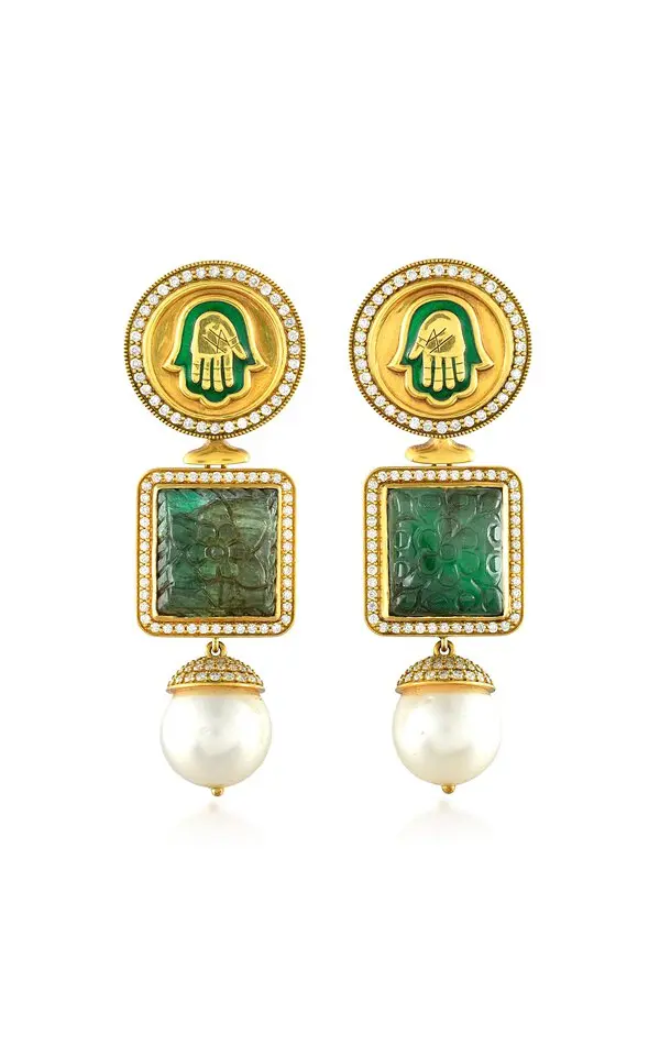 AMRAPALI 18k Yellow Gold Emerald, Pearl, And Diamond Earrings