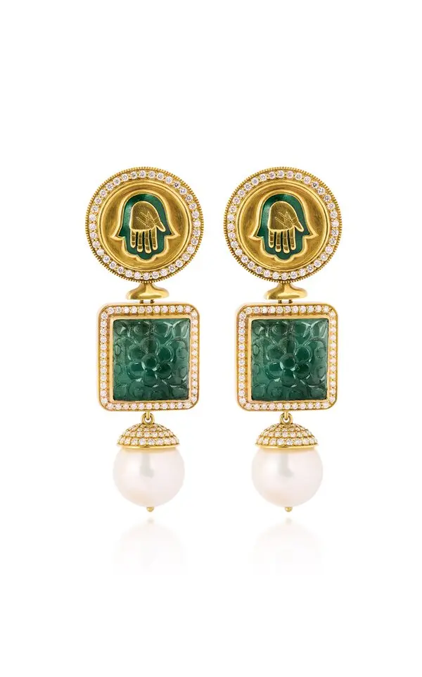 AMRAPALI 18k Yellow Gold Emerald, Pearl, And Diamond Earrings