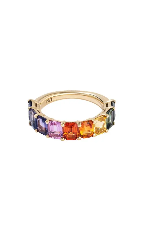JULIA CHAFE 14k Yellow Gold Emerald Cut Rainbow Sapphire Half Band Ring