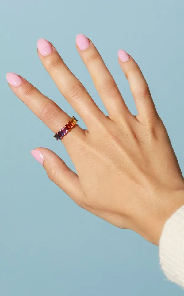 JULIA CHAFE 14k Yellow Gold Emerald Cut Rainbow Sapphire Half Band Ring