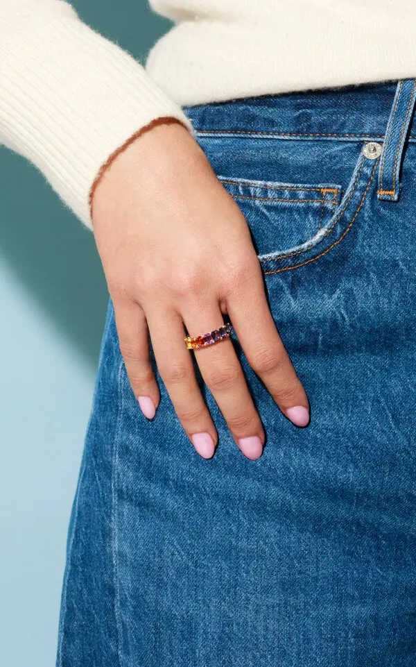 JULIA CHAFE 14k Yellow Gold Emerald Cut Rainbow Sapphire Half Band Ring