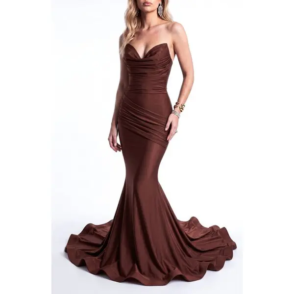 JESSICA ANGEL Ruched Cowl Neck Mermaid Gown With Train - Brown
