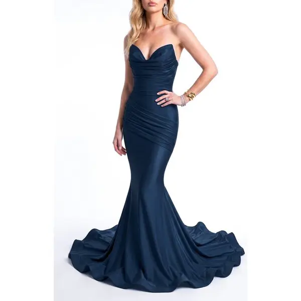 JESSICA ANGEL Ruched Cowl Neck Mermaid Gown With Train - Navy