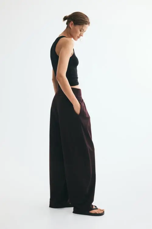 H&M Pleated Barrel-leg Ponte Jersey Pants - Burgundy