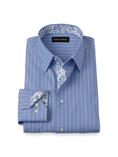 PAUL FREDRICK Cotton Point Collar Pinpoint Tailored Contrast Trim Button Cuff Long Sleeve - Blue/yellow