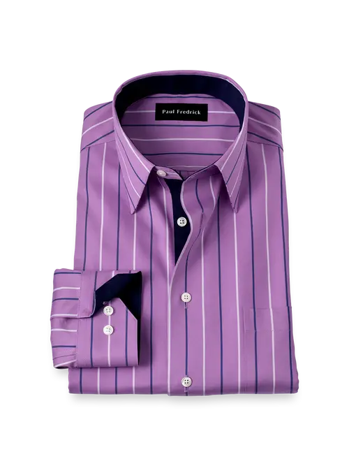 PAUL FREDRICK Cotton Point Collar Pinpoint Tailored Contrast Trim Button Cuff Long Sleeve - Purple