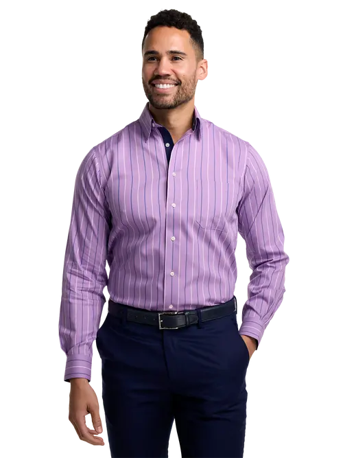 PAUL FREDRICK Cotton Point Collar Pinpoint Tailored Contrast Trim Button Cuff Long Sleeve - Purple