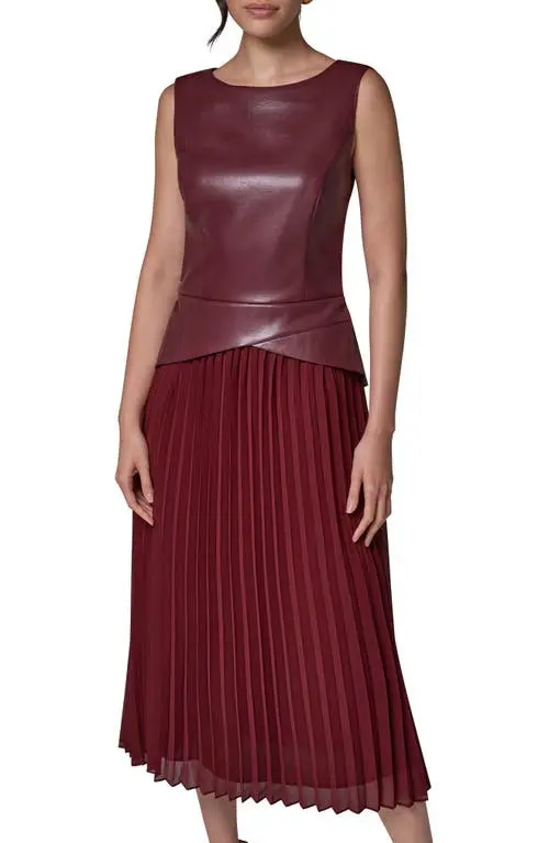 Donna Karan New York Faux Leather & Pleated Dress - Blk Cherry