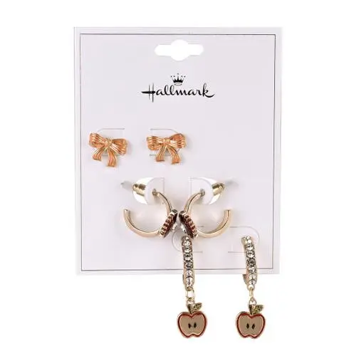 HALLMARK Gold-tone Enamel Apple, Bow, And Sunflower Earring Set
