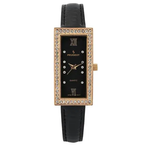 PEUGEOT Rectangular Crystal Bezel Leather Watch - Black