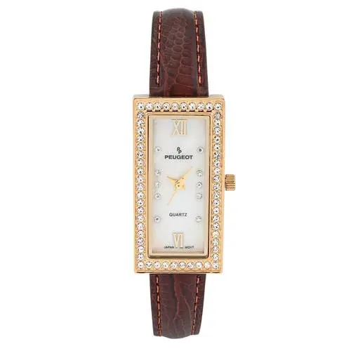 PEUGEOT Luxury Rectangular Crystal Bezel Leather Watch- 35x20mm - Brown