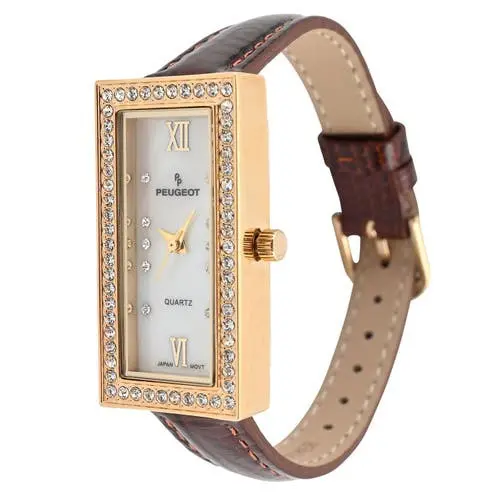 PEUGEOT Luxury Rectangular Crystal Bezel Leather Watch- 35x20mm - Brown
