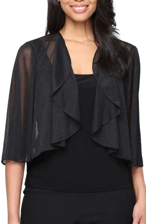 Alex Evenings Three-quarter Sleeve Glitter Mesh Cover-up Jacket - Black