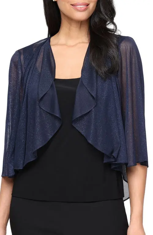 Alex Evenings Three-quarter Sleeve Glitter Mesh Cover-up Jacket - Dark Navy