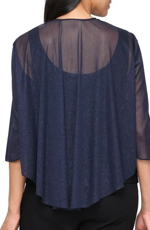 Alex Evenings Three-quarter Sleeve Glitter Mesh Cover-up Jacket - Dark Navy