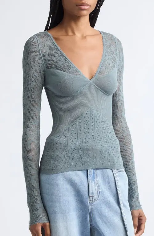 Zimmermann Wool Blend Pointelle Lace V-neck Sweater - Airforce