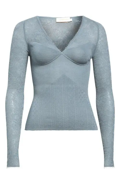 Zimmermann Wool Blend Pointelle Lace V-neck Sweater - Airforce