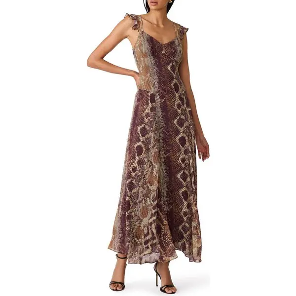 Steve Madden Estela Maxi Dress With Snakeskin Print And Ruffled Cap Sleeves - Bronze