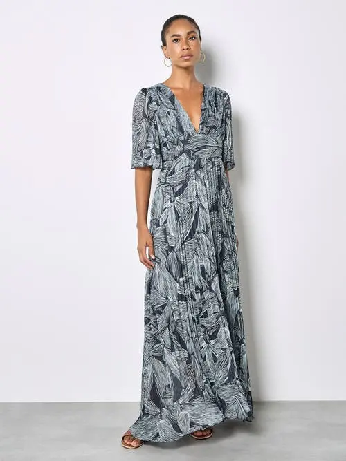 APRICOT Floral Chiffon Pleat Maxi Dress With Metallic Shimmer And V-neck