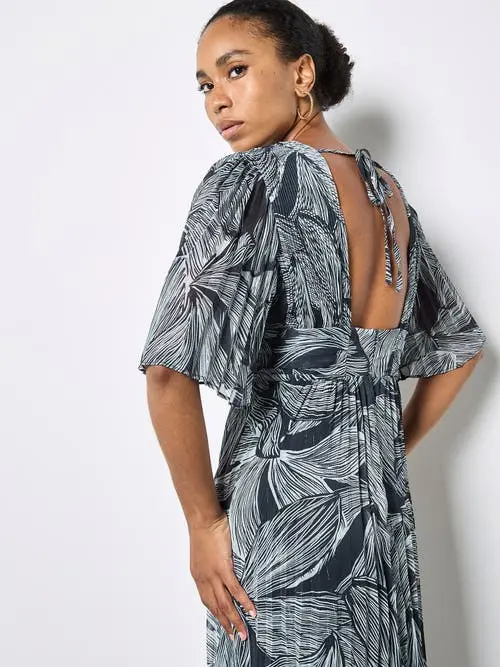 APRICOT Floral Chiffon Pleat Maxi Dress With Metallic Shimmer And V-neck