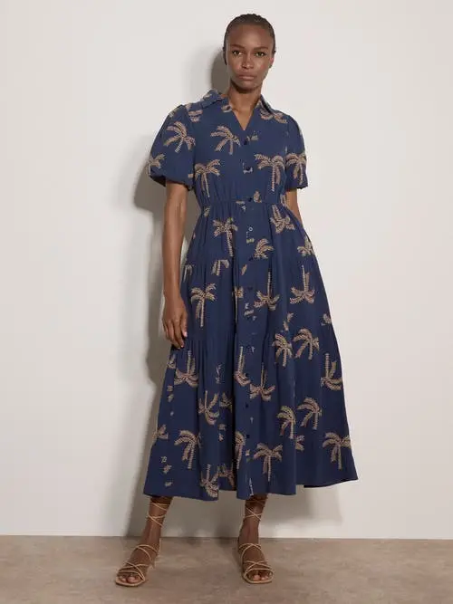 APRICOT Embroidered Tropical Print Midi Dress