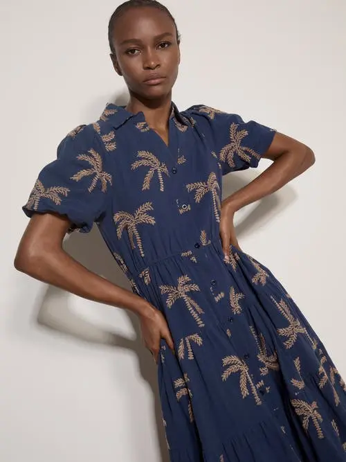 APRICOT Embroidered Tropical Print Midi Dress
