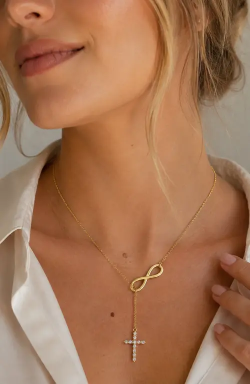 DLORIA Infinity Cross Lariat Necklace In Sterling With Cubic Zirconia - Gold