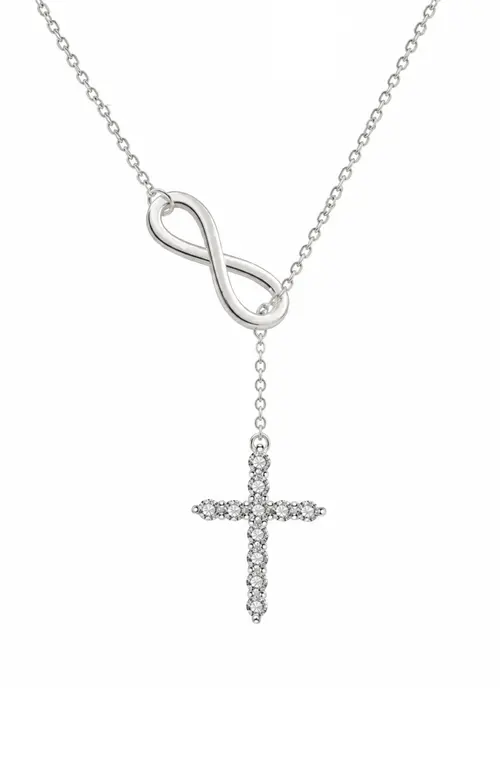 DLORIA Infinity Cross Lariat Necklace In Sterling With Cubic Zirconia - Silver