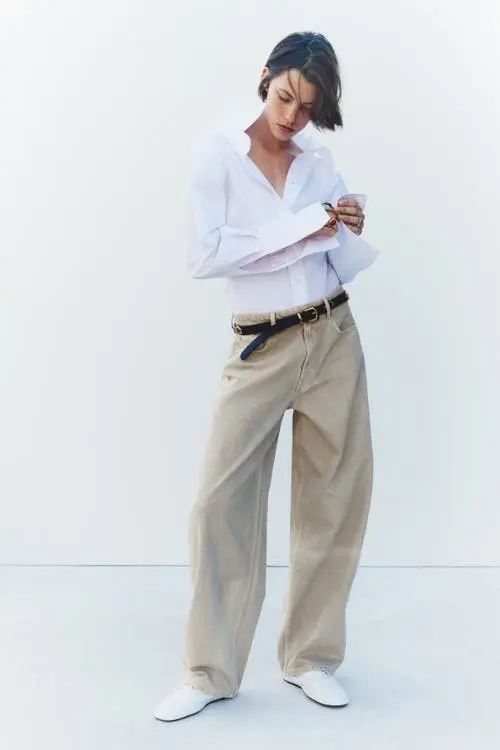 H&M Baggy Regular-waist Barrel Jeans - Light Beige