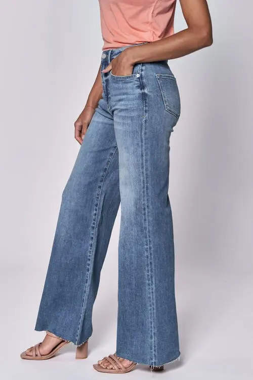 DEAR JOHN Fiona High Waist Raw Hem Wide Leg Jeans