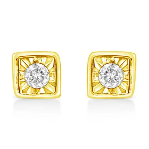 HAUS OF BRILLIANCE 10k Yellow Gold Plated Silver 1/10 Ctw Round Miracle Set Diamond Stud Earrings - Square Shape