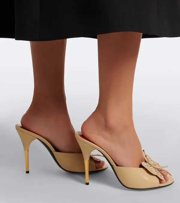 Valentino Garavani Flutterby Embellished Leather Mules - Beige